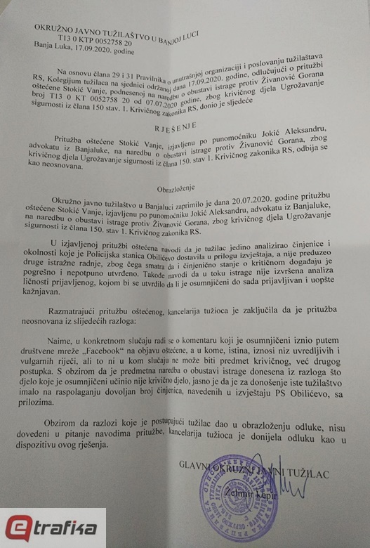 Okružno javno tužilaštvo: U postupanjima Gorana Živanovića nema elemenata krivičnog djela ...